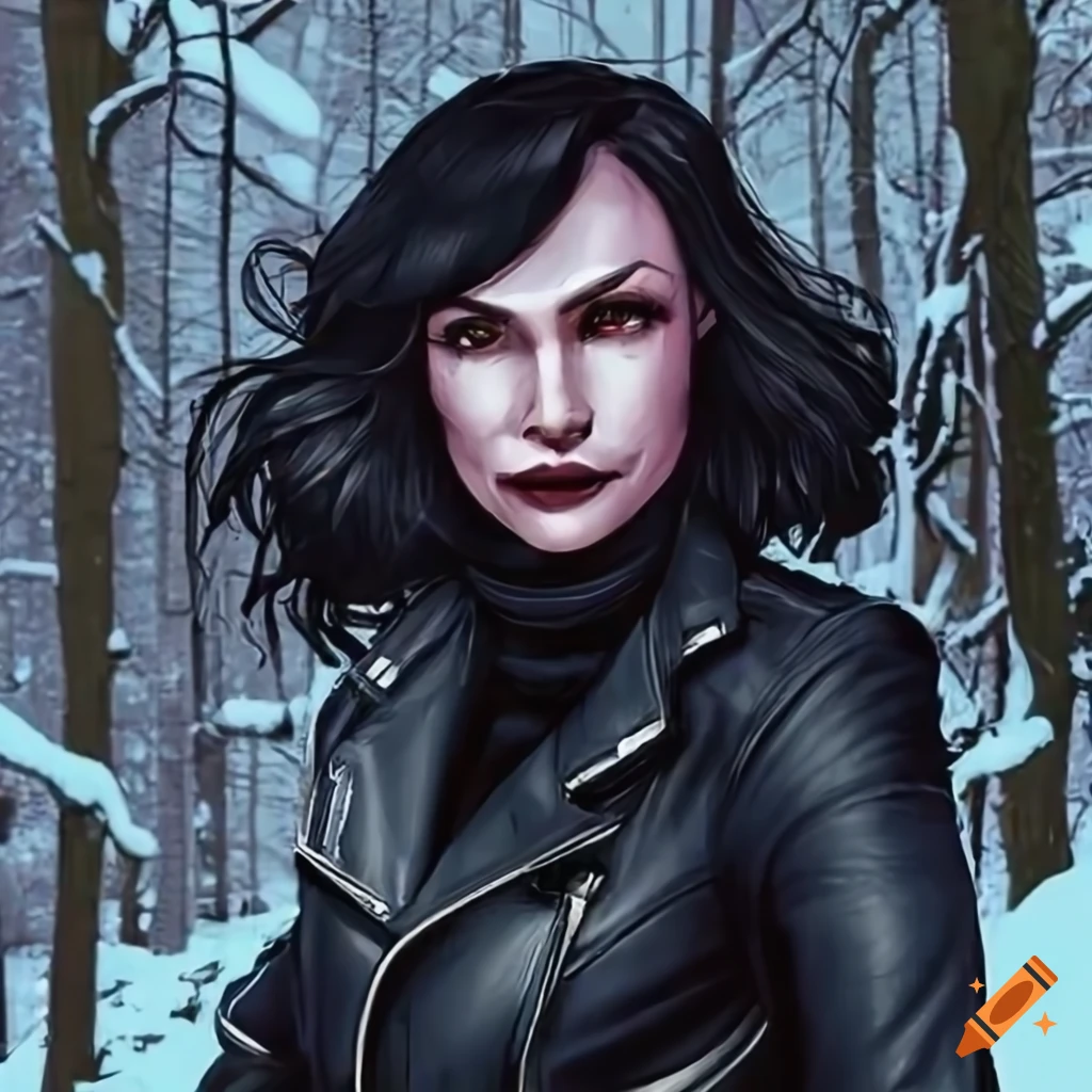 Comic book art of a confident muscular woman in black leather jacket