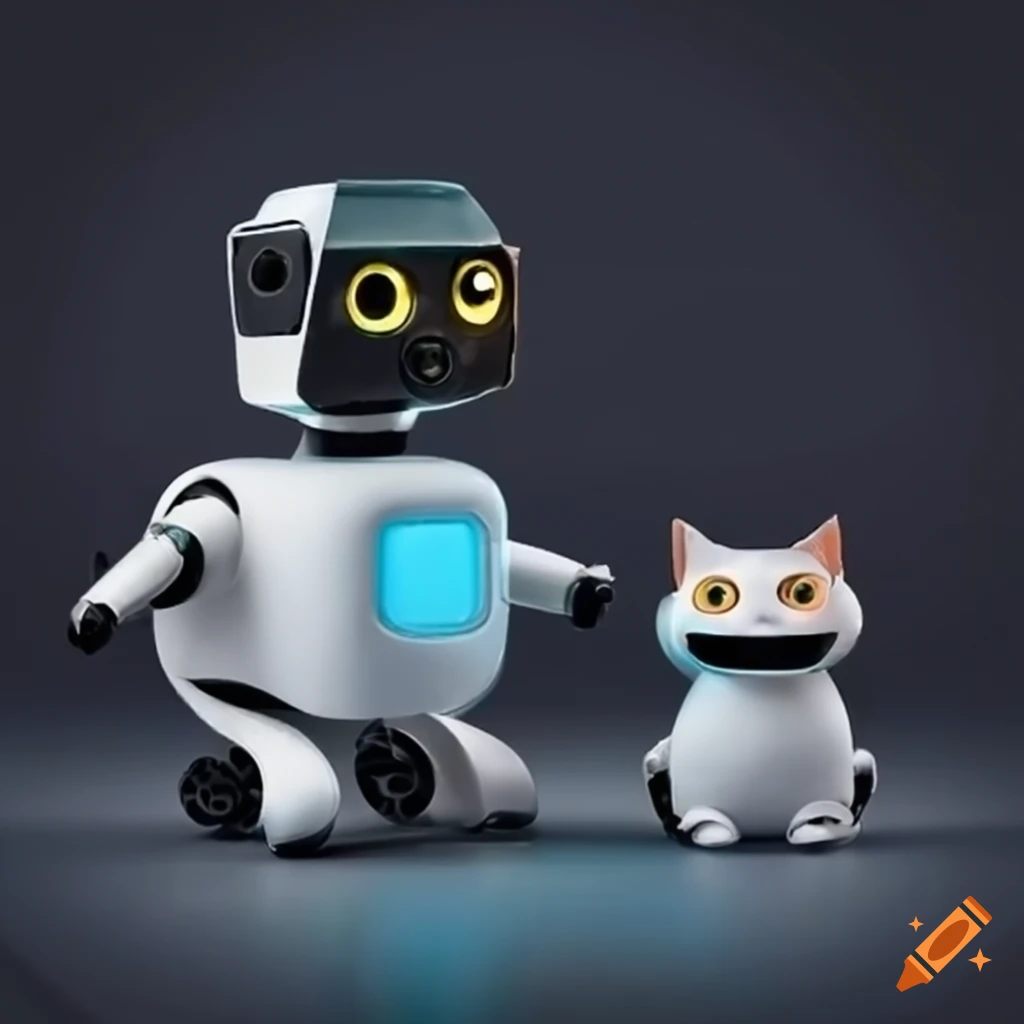 Purple robotic cat causing chaos in a living room on Craiyon