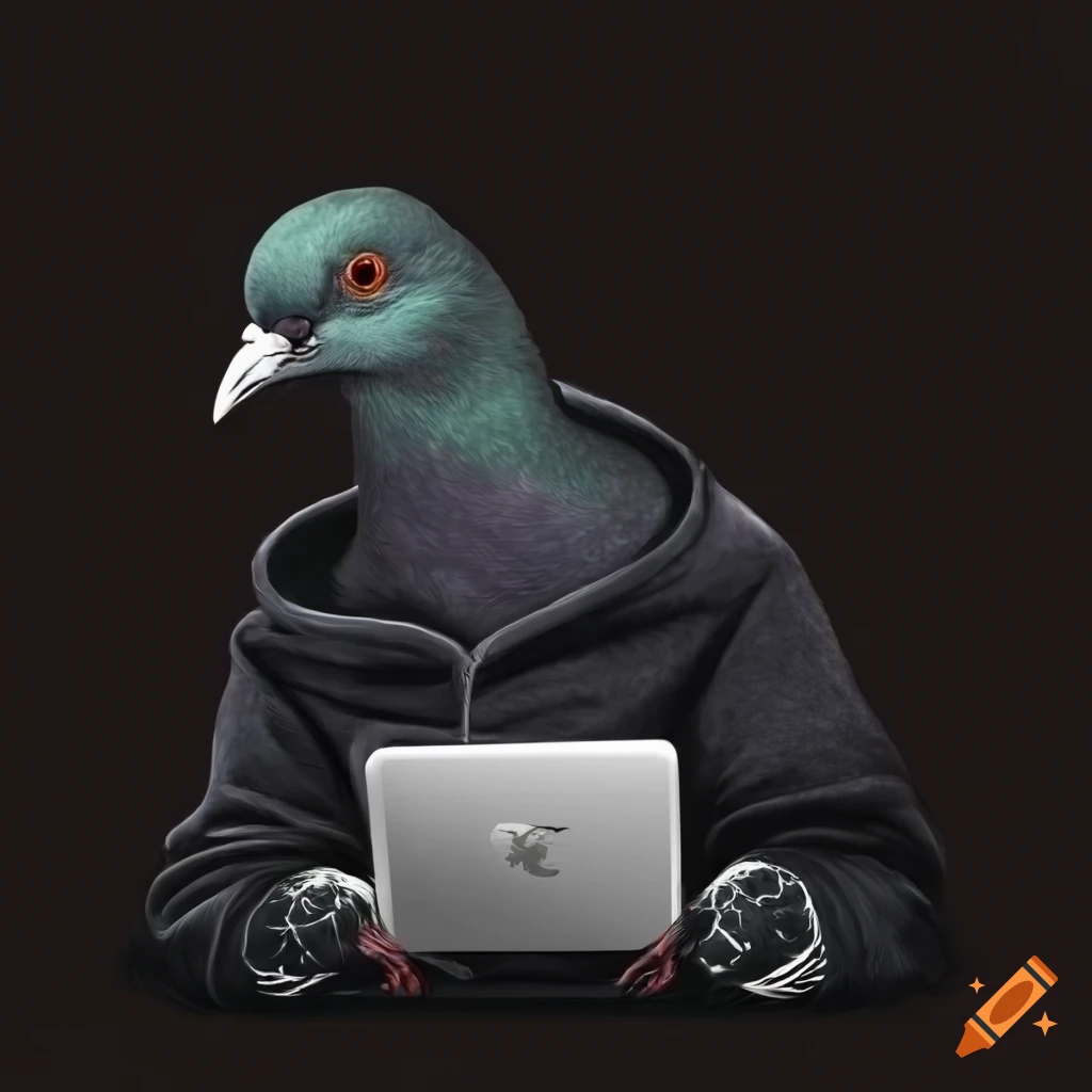 Anthropomorphic pigeon using a macbook on Craiyon