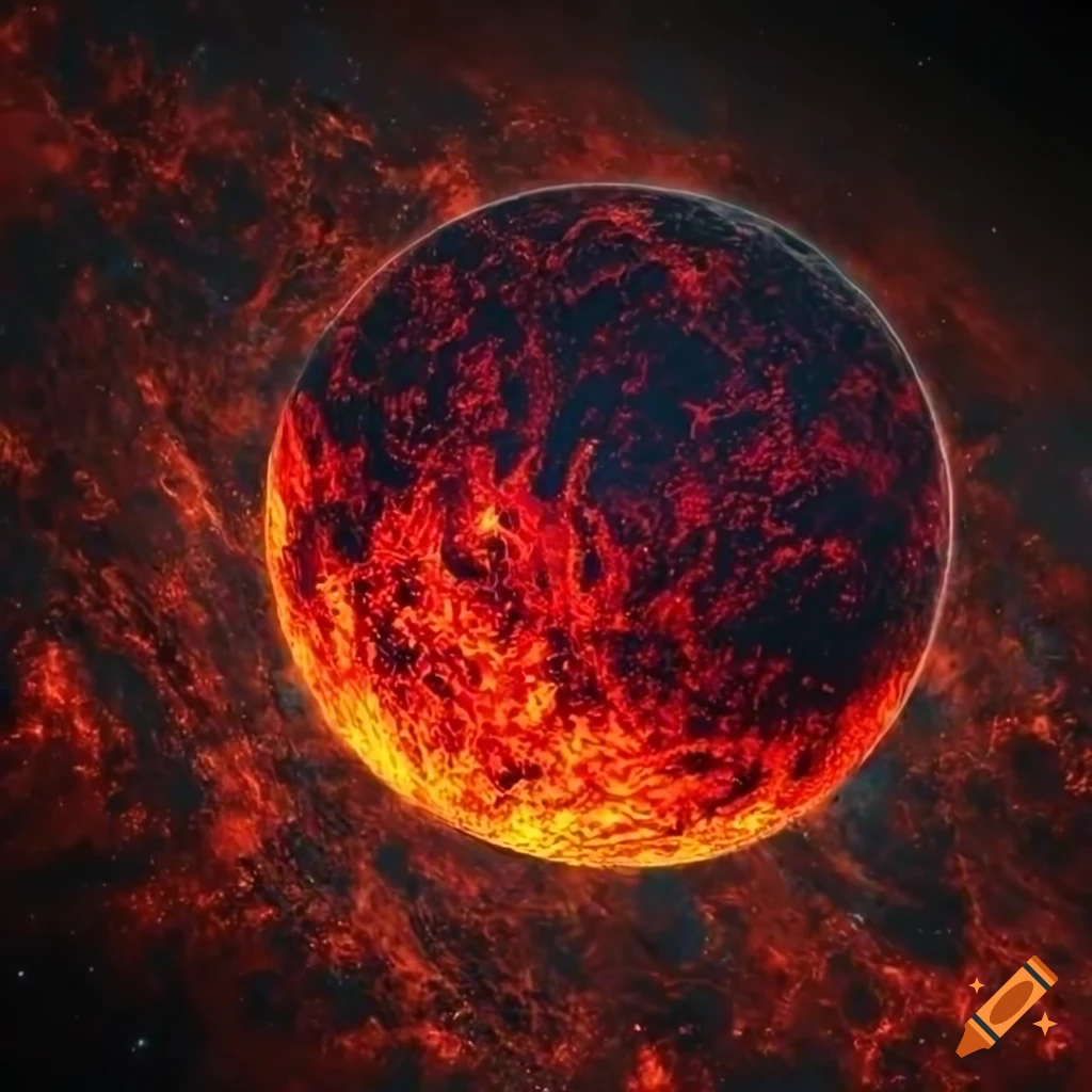 Red and black lava planet against a starry backdrop