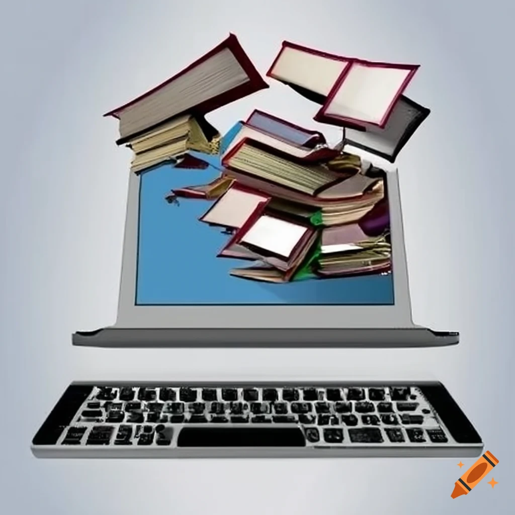 Computer with flying books on Craiyon