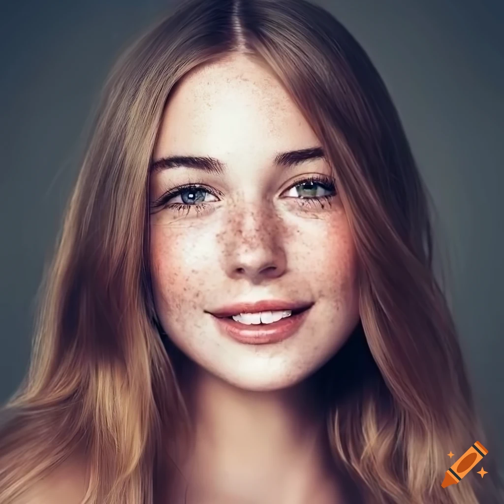 Portrait of a young woman with freckles and blonde hair on Craiyon