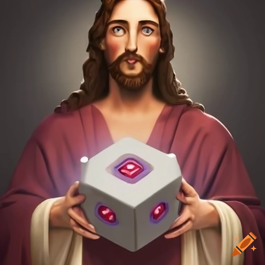Depiction of jesus christ holding a companion cube on Craiyon