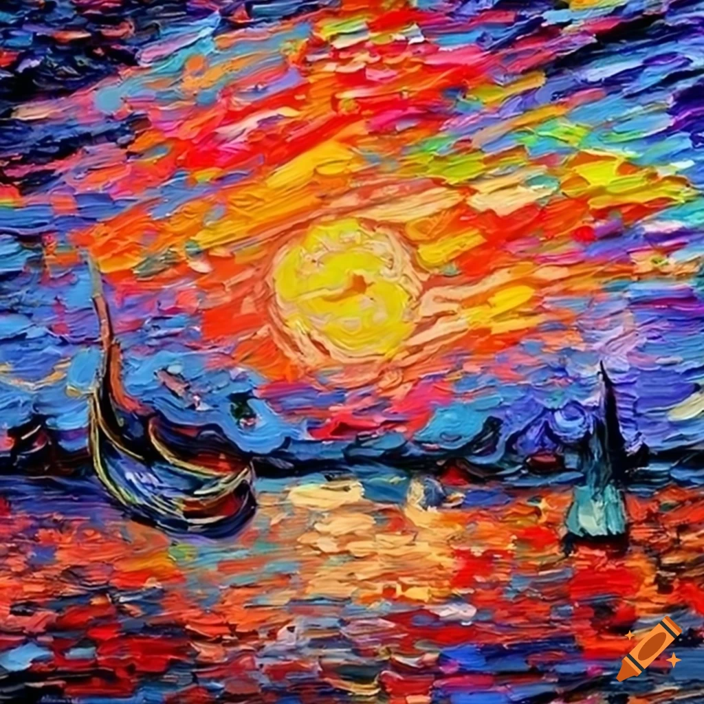 Colorful acrylic sunset painting in van gogh style