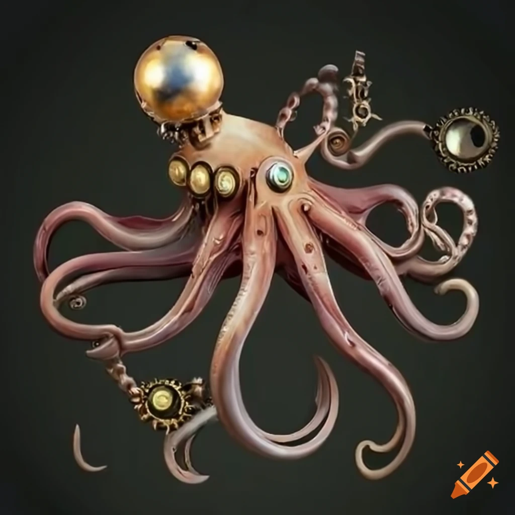 Steampunk-inspired artwork of a flying cyborg octopus on Craiyon