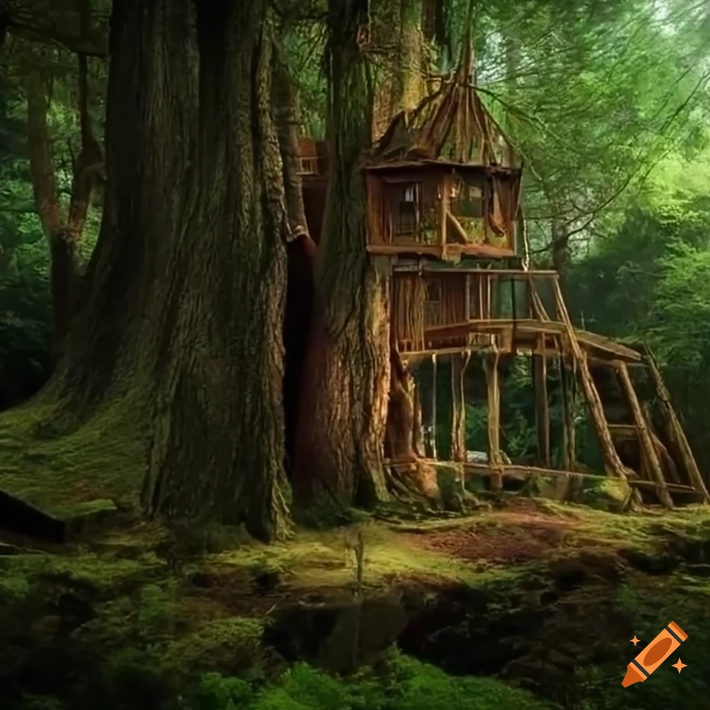 Image of a complex treehouse in a forest