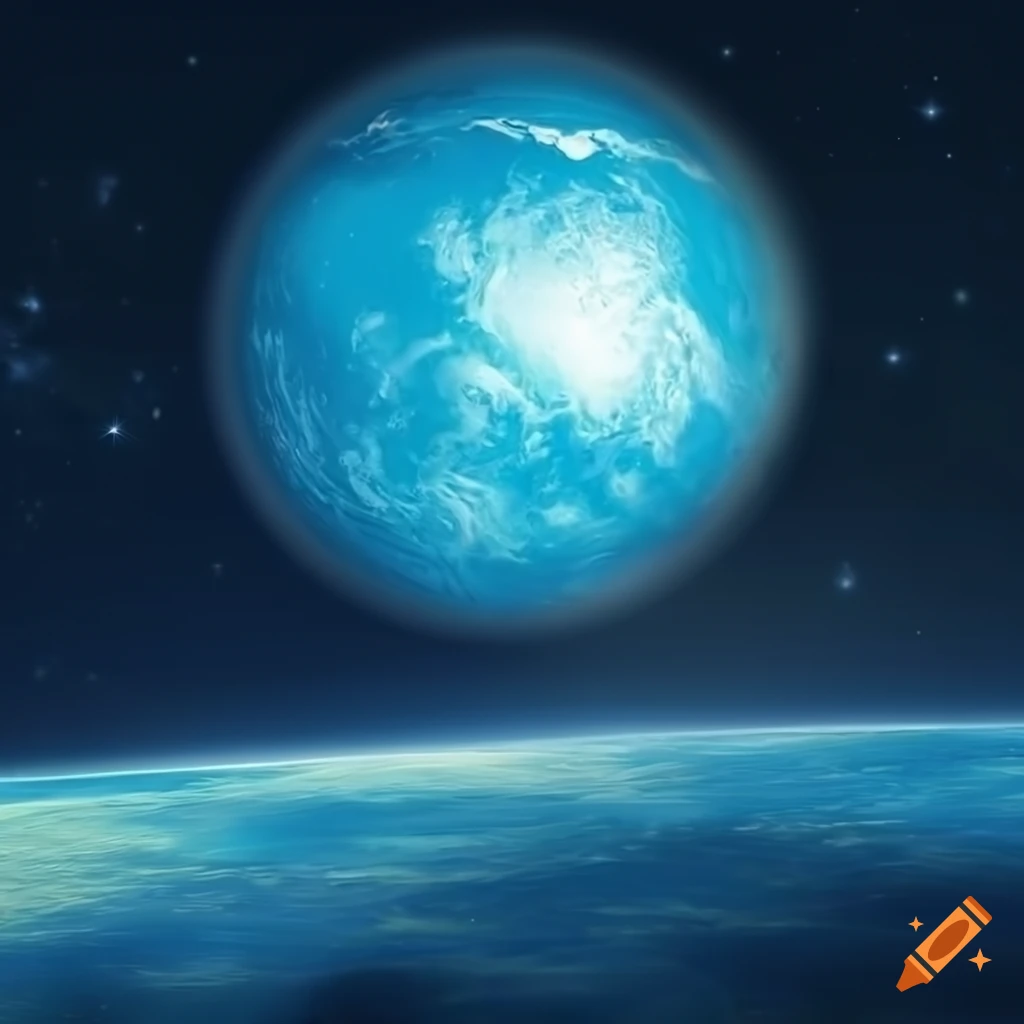 Image of a blue ocean planet in space on Craiyon