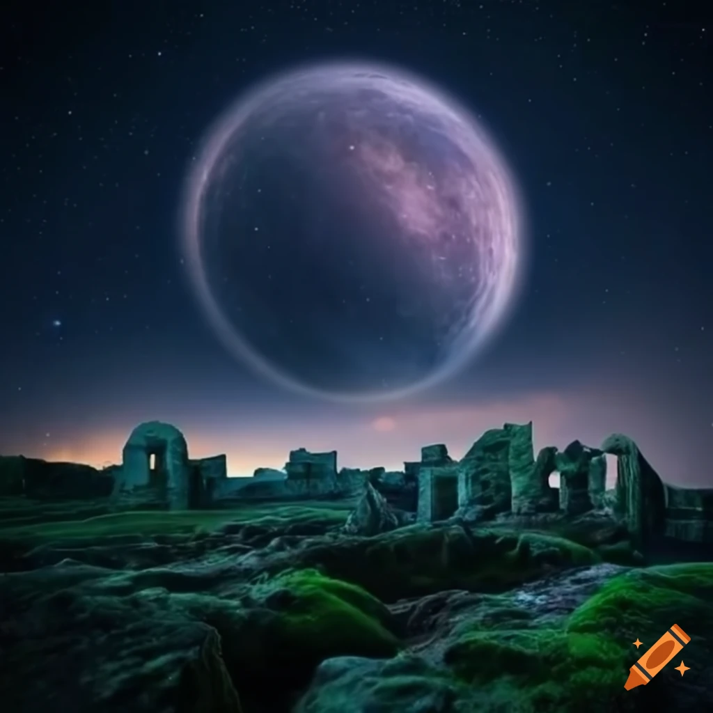 Moss-covered ancient ruins under milky way