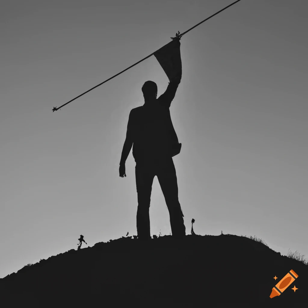 Silhouette of a man holding a flag on a hill on Craiyon