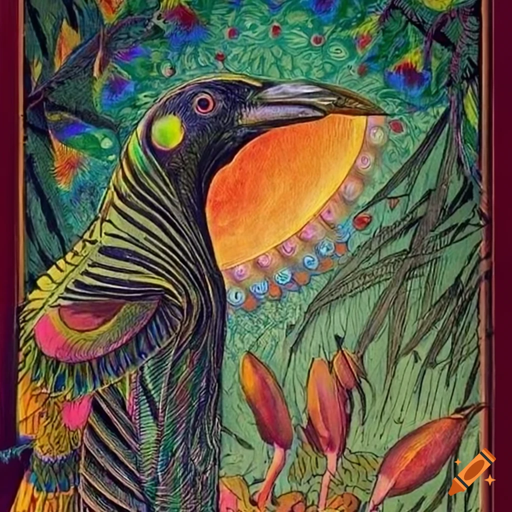 Illustration of a mysterious Black Raven wearing a colorful peacock ...