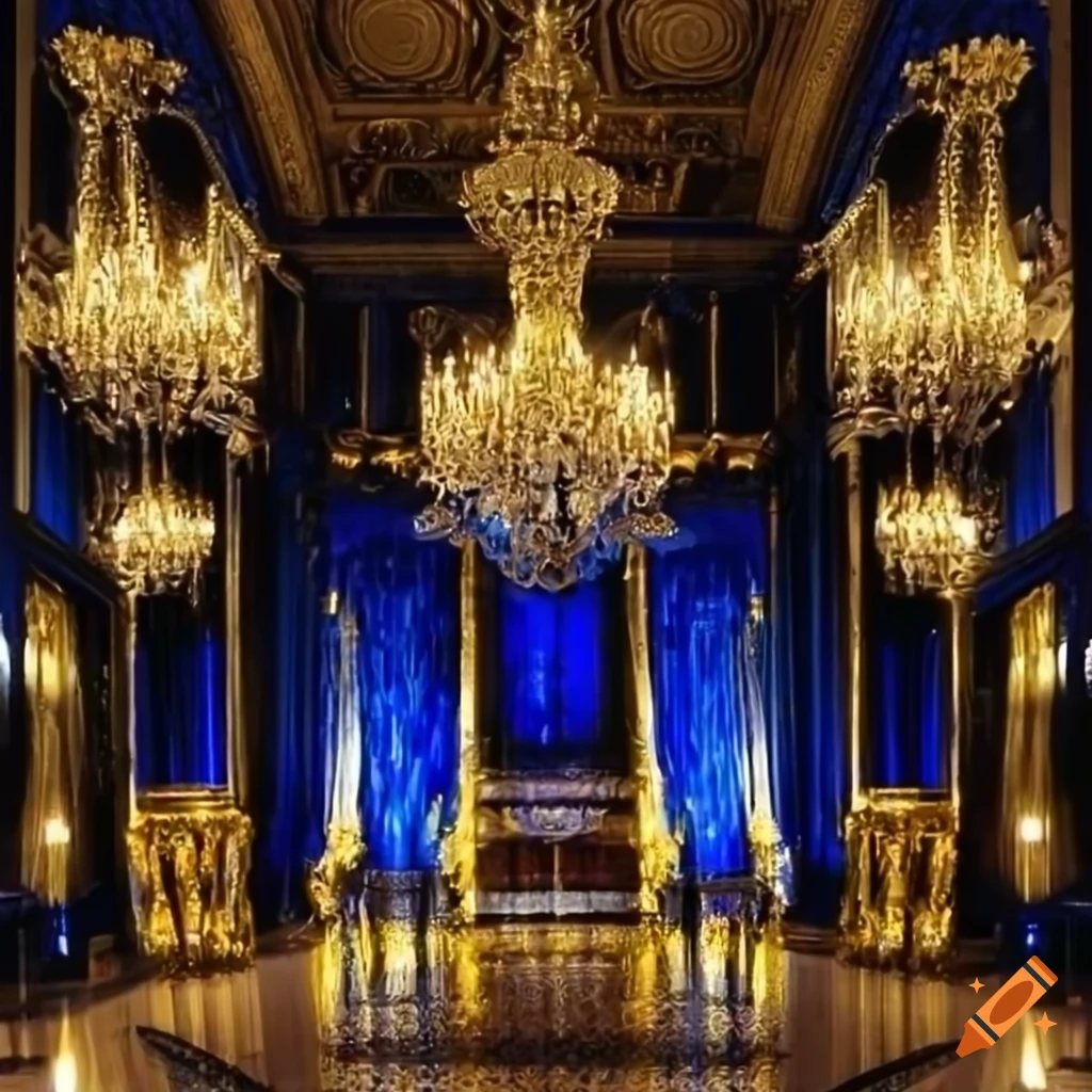 Elegant castle interior with blue and gold details on Craiyon