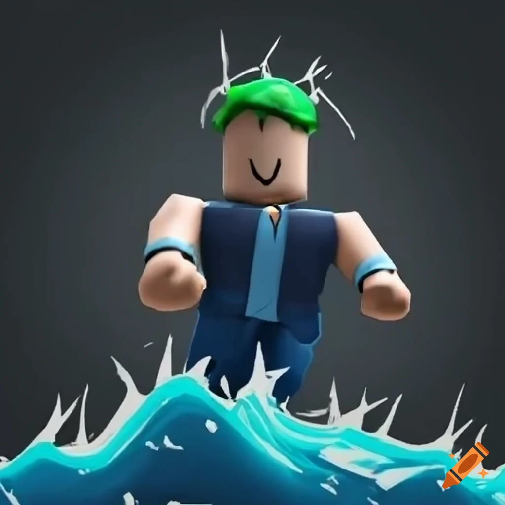Roblox logo with a character escaping a tsunami