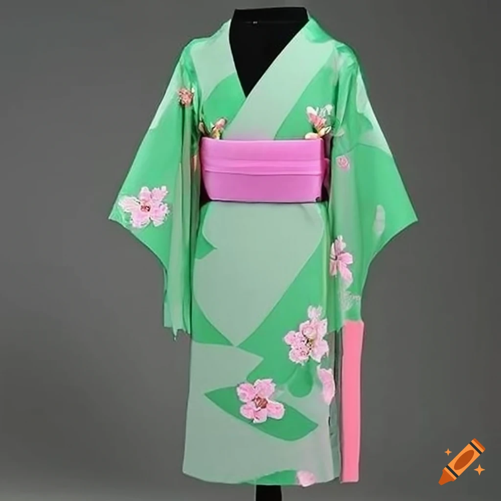 Green yukata dress with pink cherry blossom details
