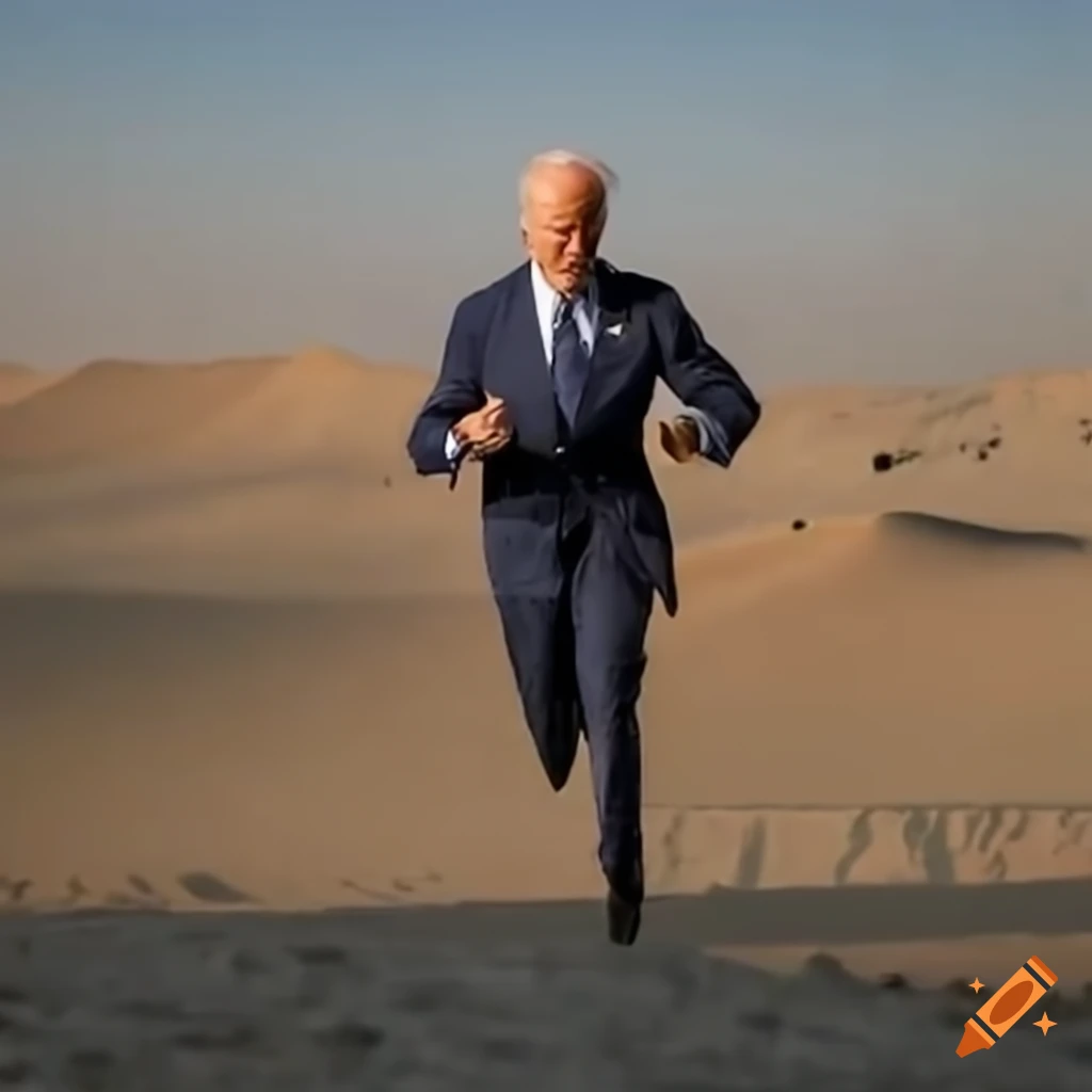 Joe Biden running in the desert with explosions in the background on ...