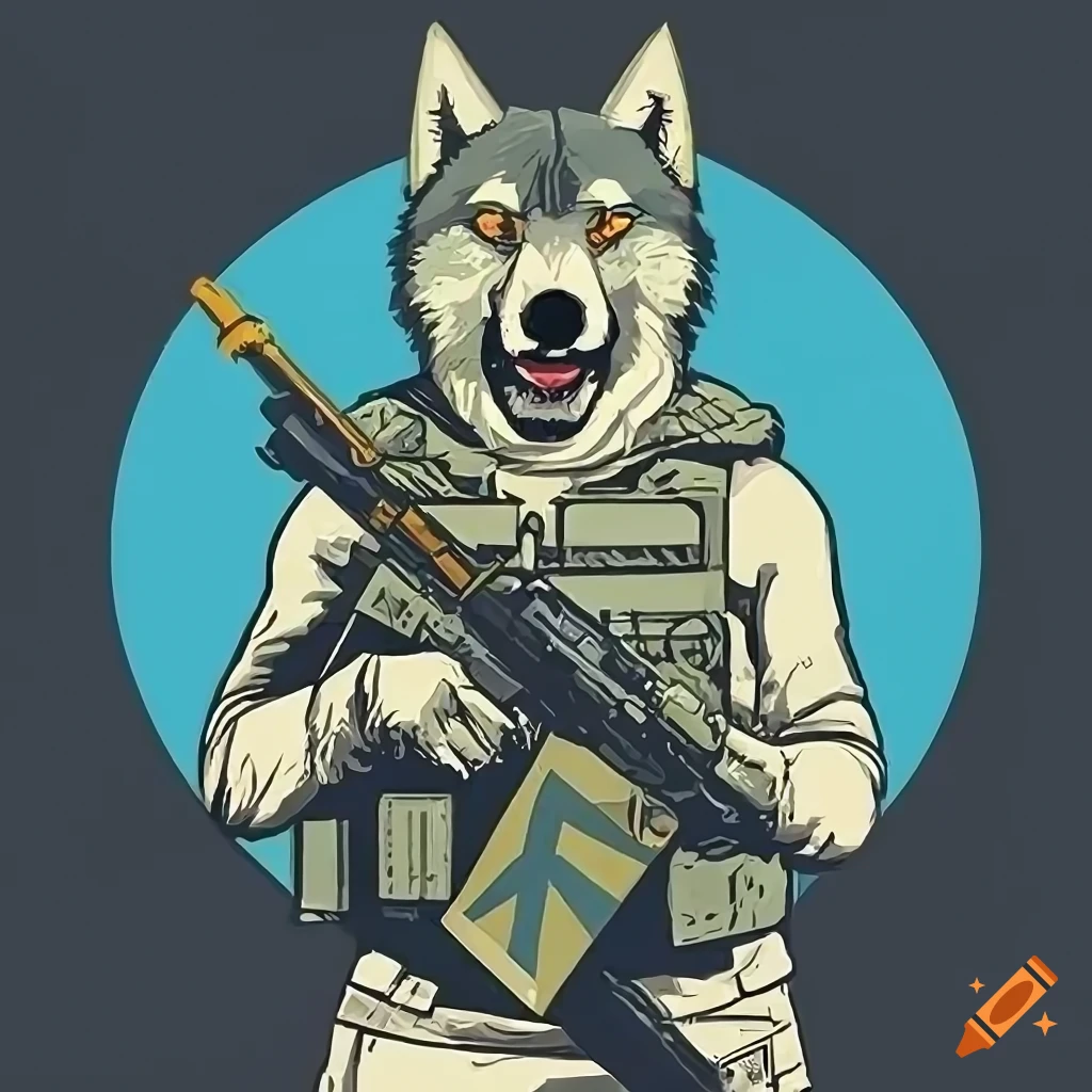 Pop art poster of a powerful wolf in military attire on Craiyon