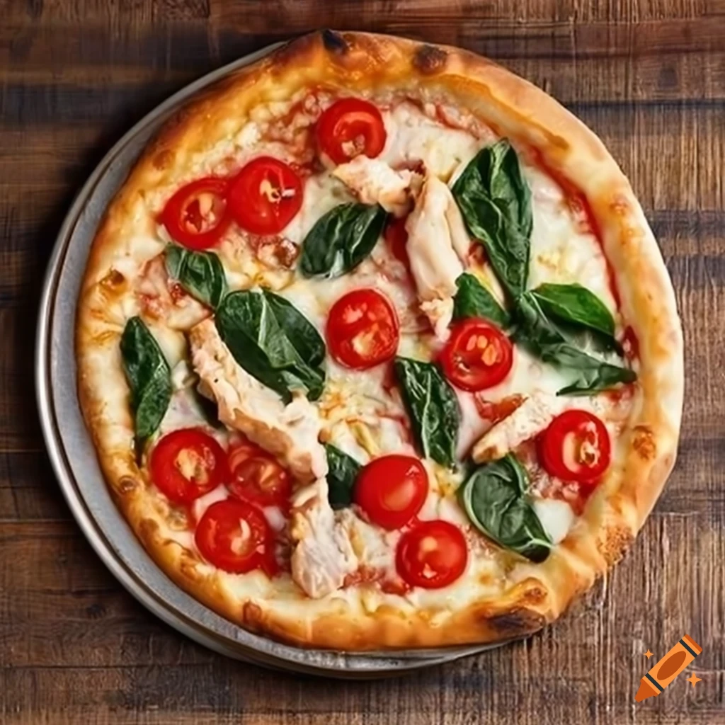 Delicious frozen pizza with chicken, cherry tomatoes, and spinach on ...