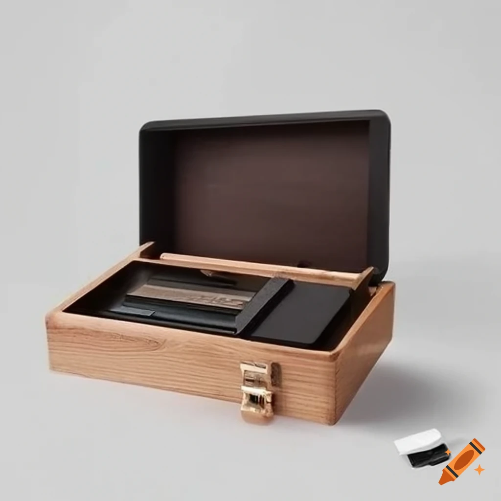 Wooden box for small laptop and printer on Craiyon