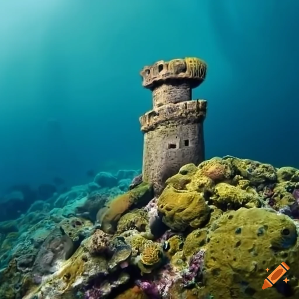 Underwater stone tower surrounded by marine life on Craiyon