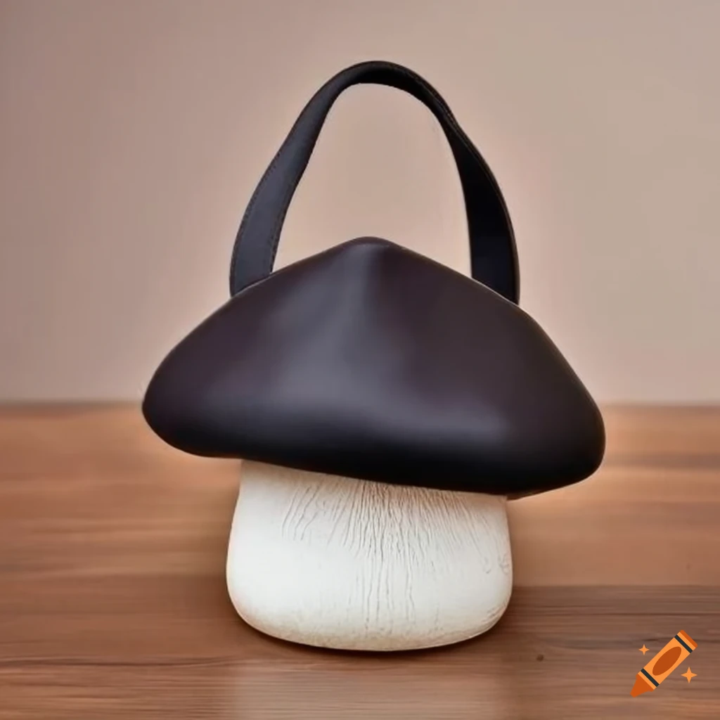 Dark mushroom shaped handbag on a table on Craiyon