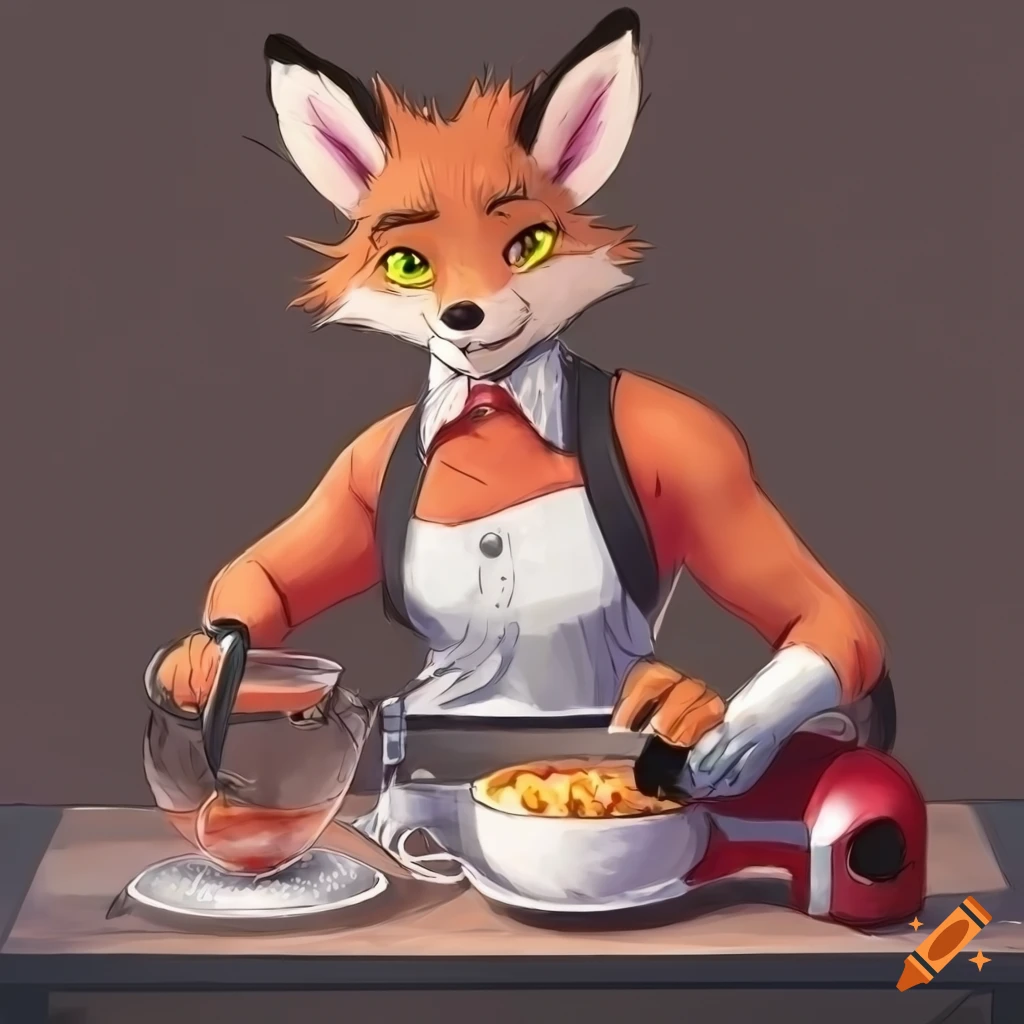 Art of a fox vixen in a kitchen with a Kitchenaid food processor on Craiyon