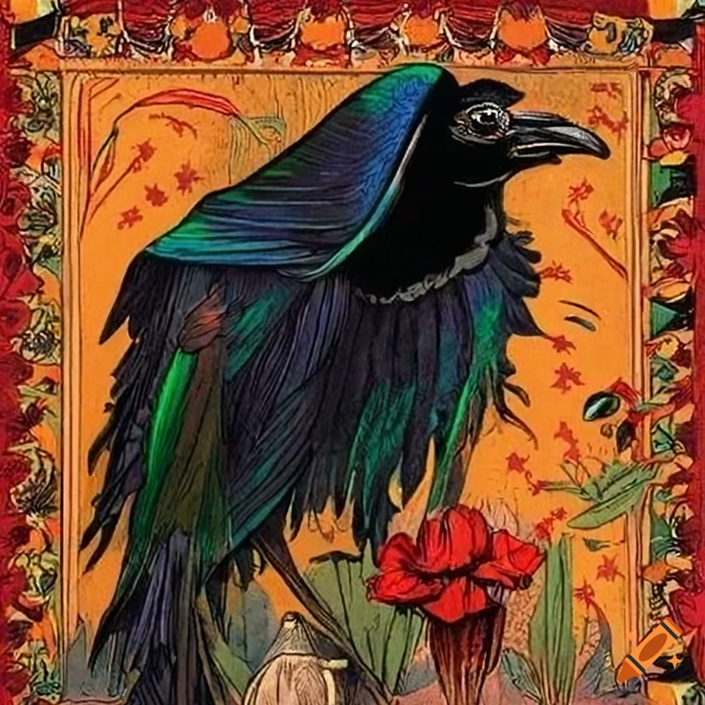 Illustration of a mysterious black raven in a colorful cloak on Craiyon