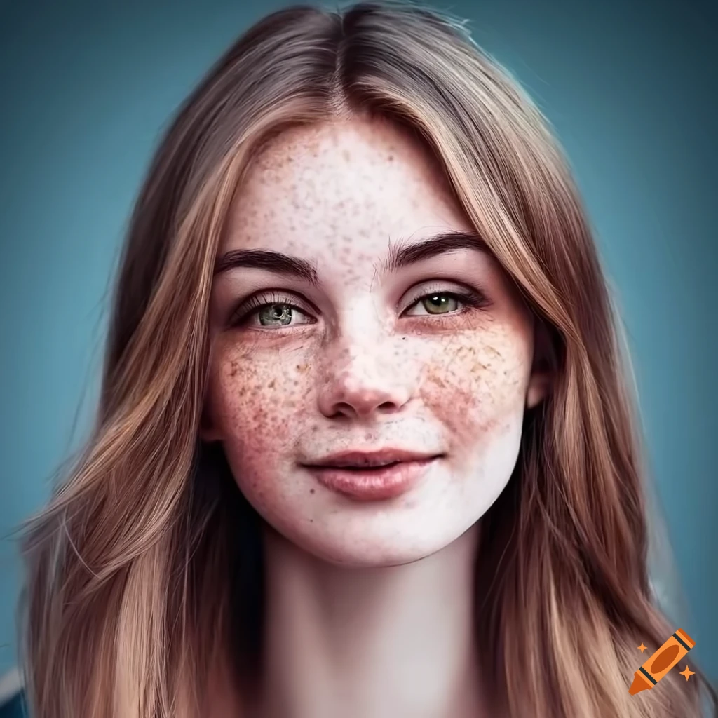 Portrait of a pretty young woman with freckles and wavy blonde hair on ...