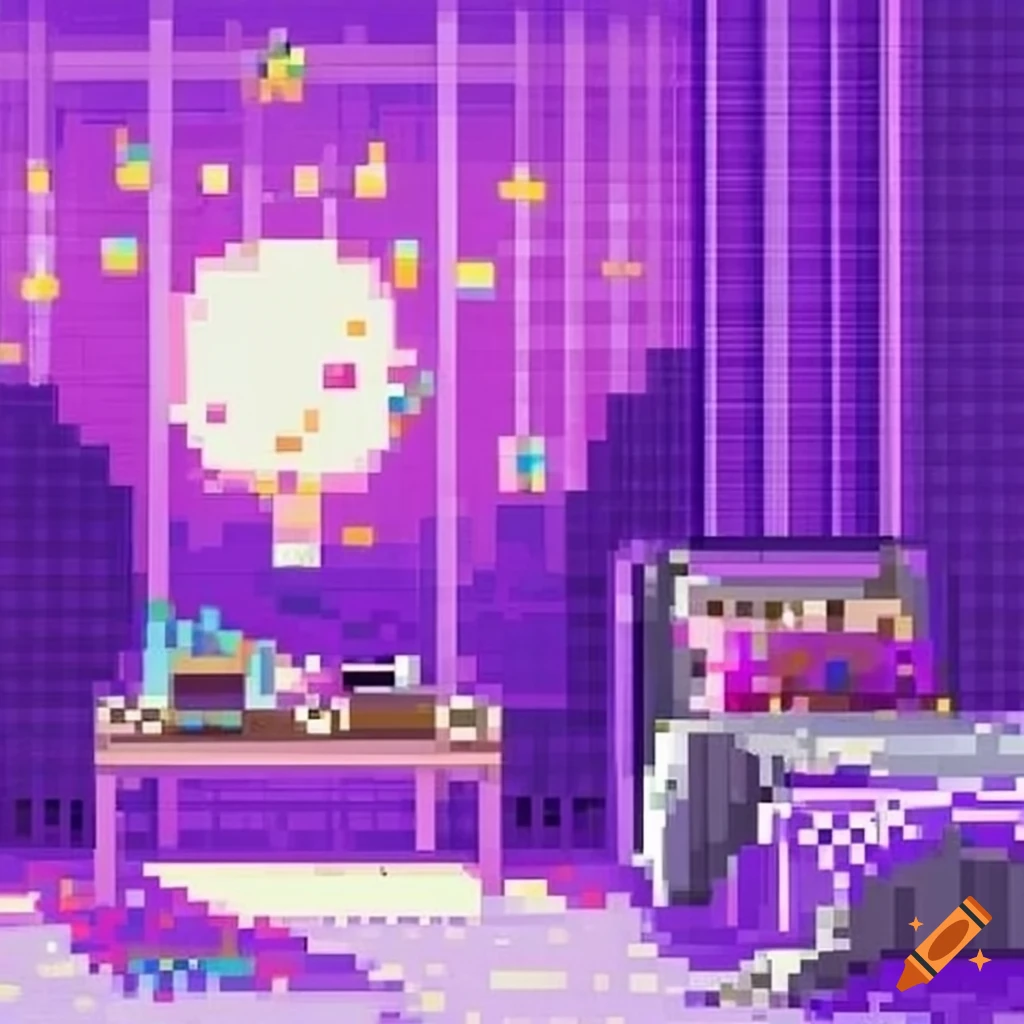 Purple themed pixel art teenage girl bedroom