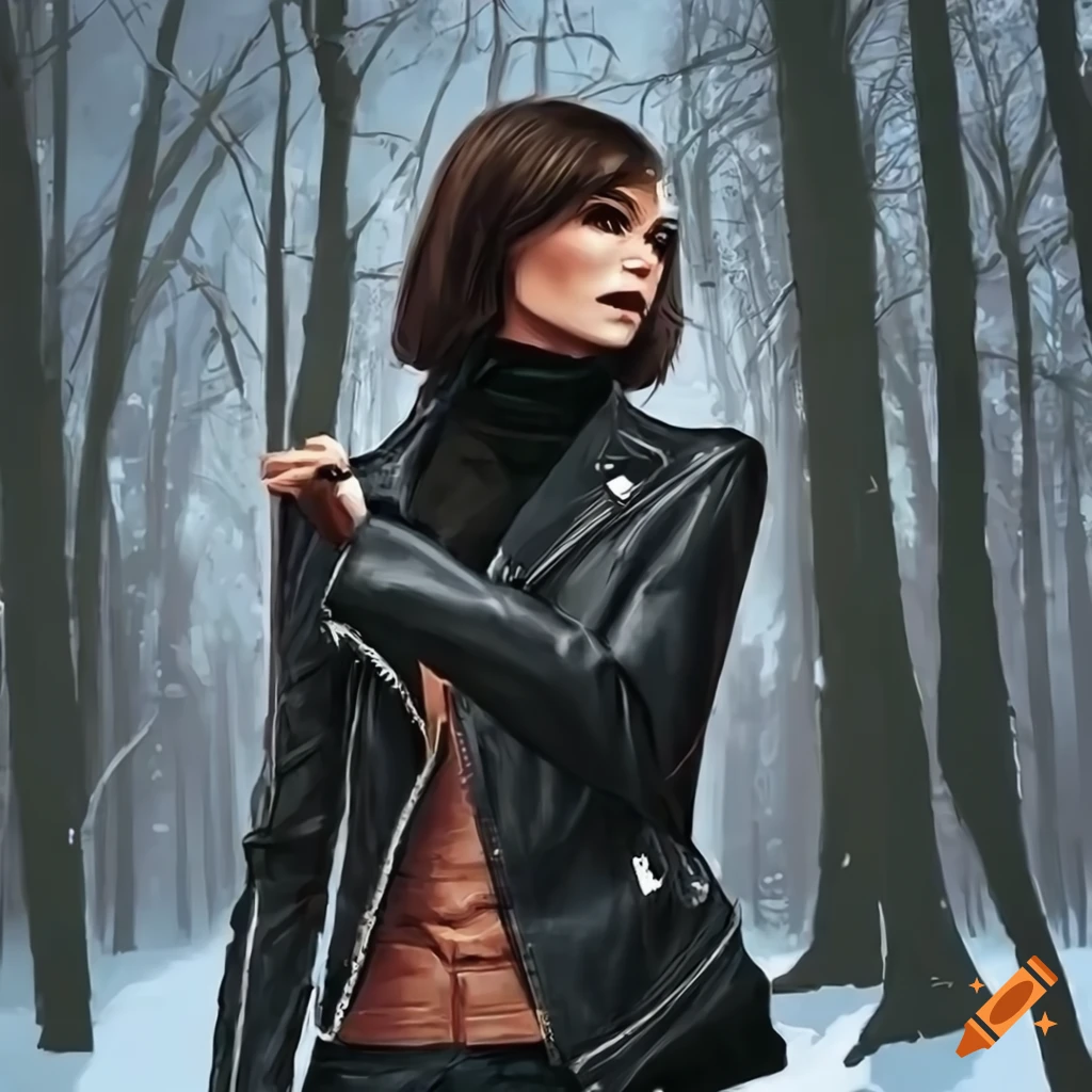 Comic book art of a strong woman in leather jacket
