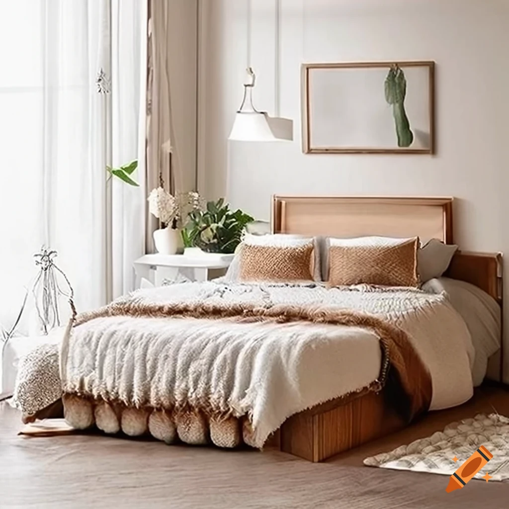 Cozy bedroom with soft earthy tones and plush textures on Craiyon
