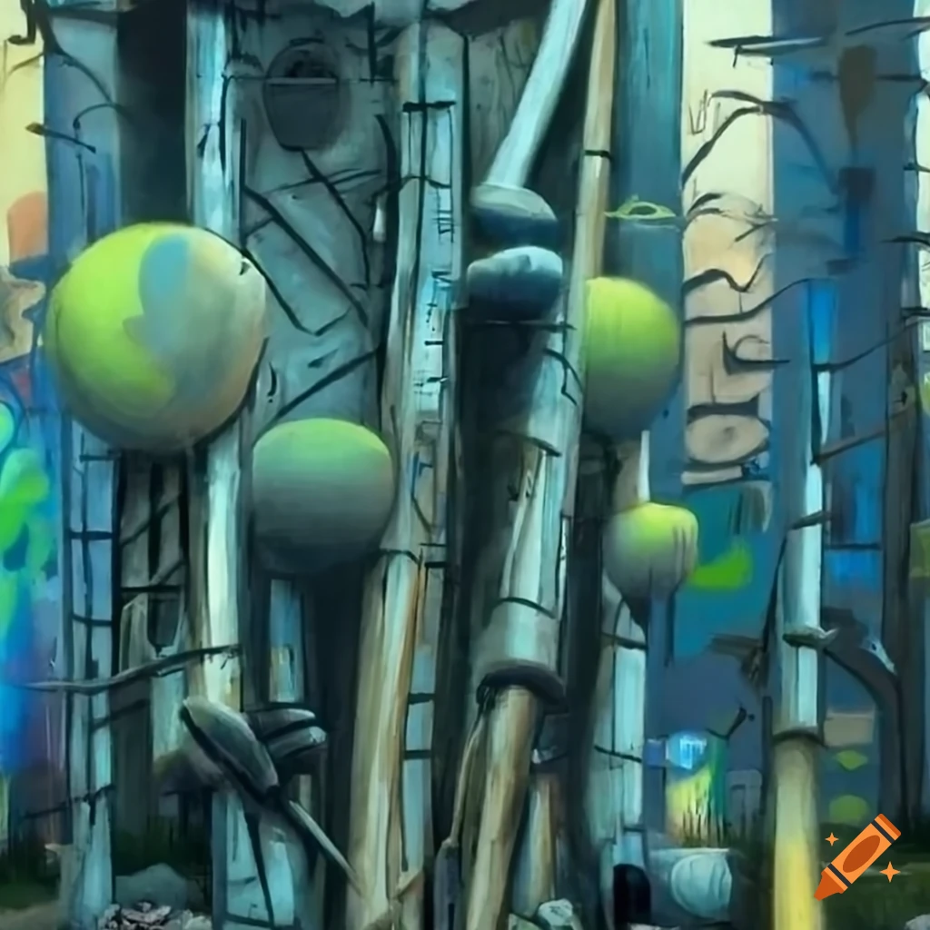 Graffiti art in a forest with bones and driftwood