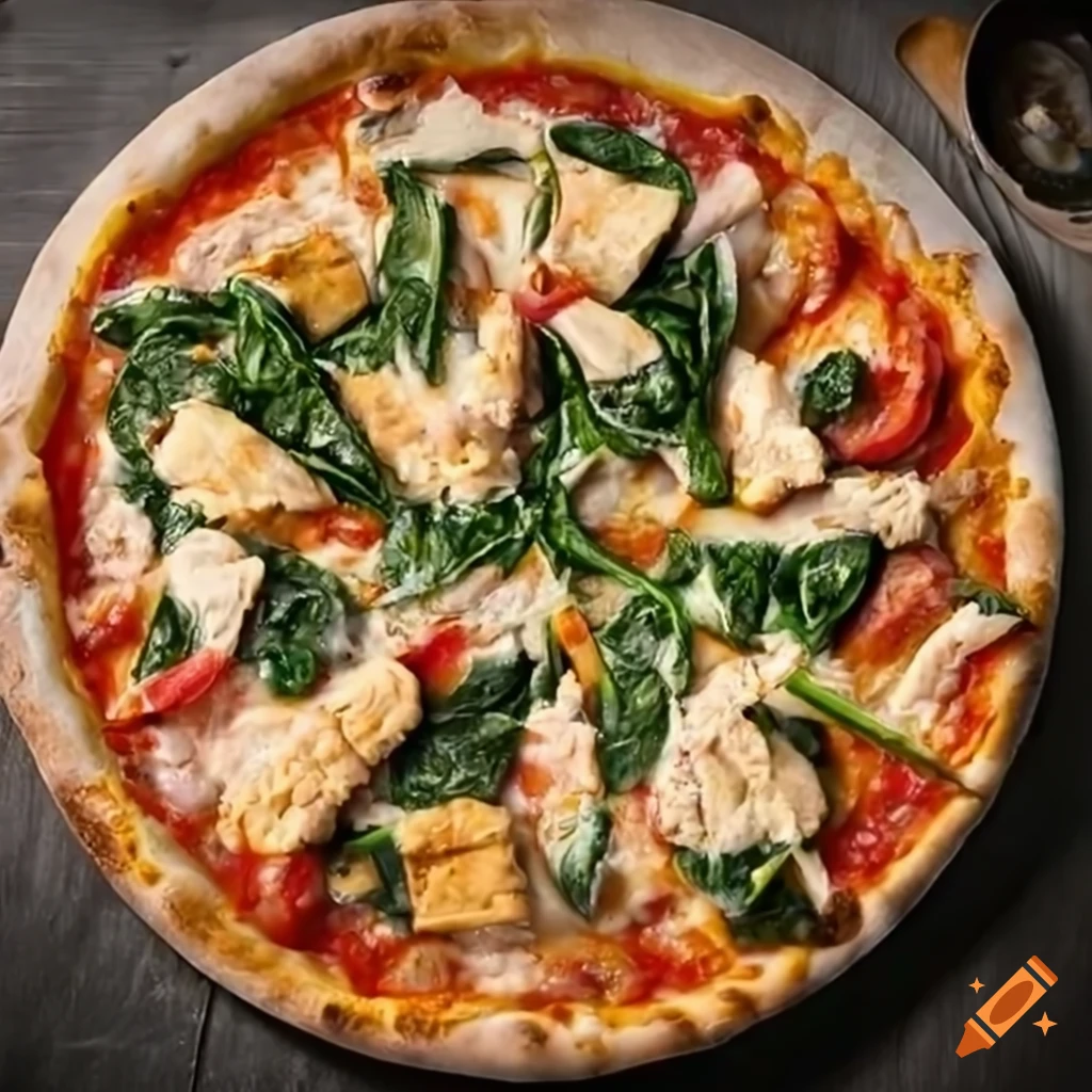 Delicious frozen pizza with chicken and spinach on Craiyon