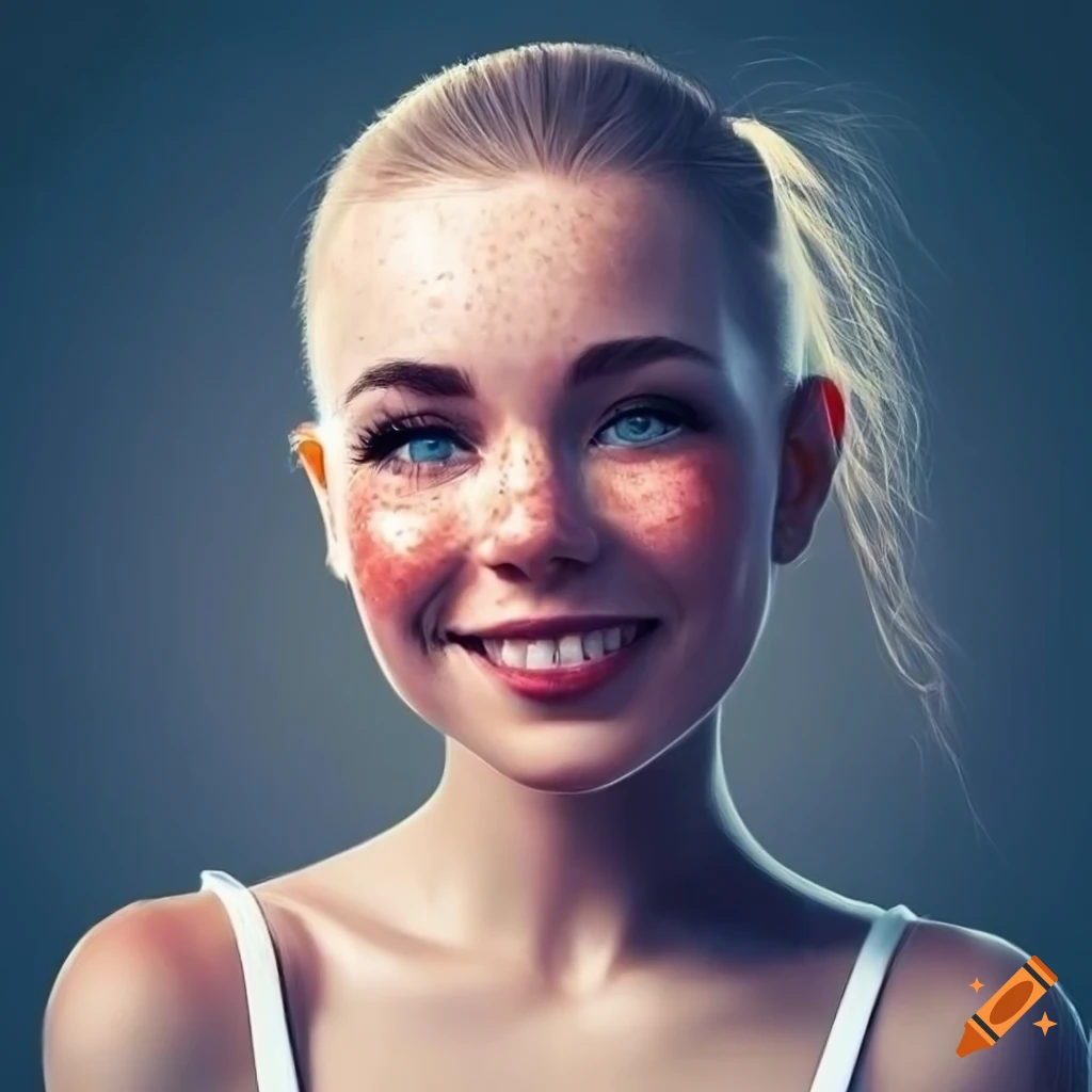 Portrait of a young woman with a beautiful smile and freckles on Craiyon
