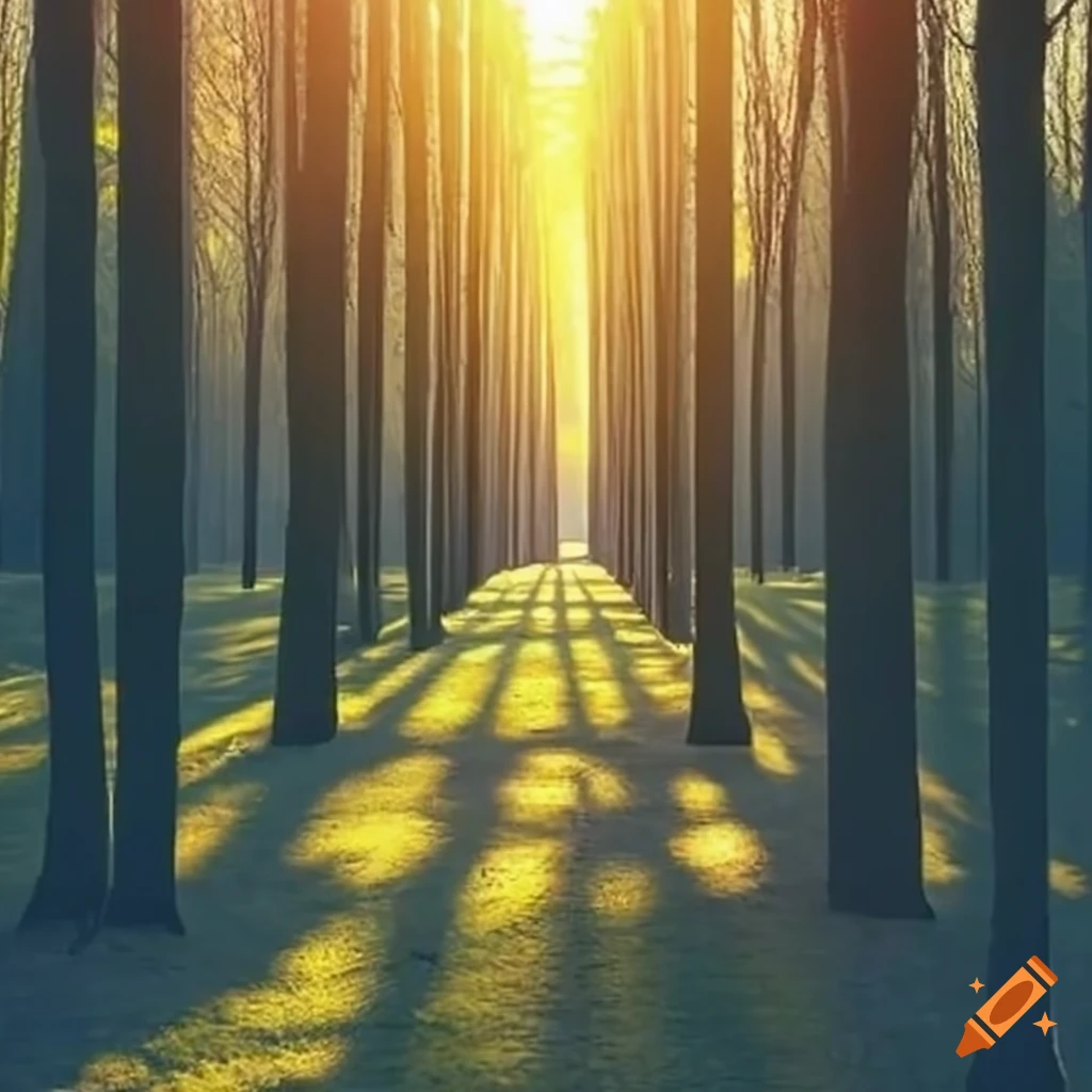 Sunlight filtering through a row of trees on Craiyon