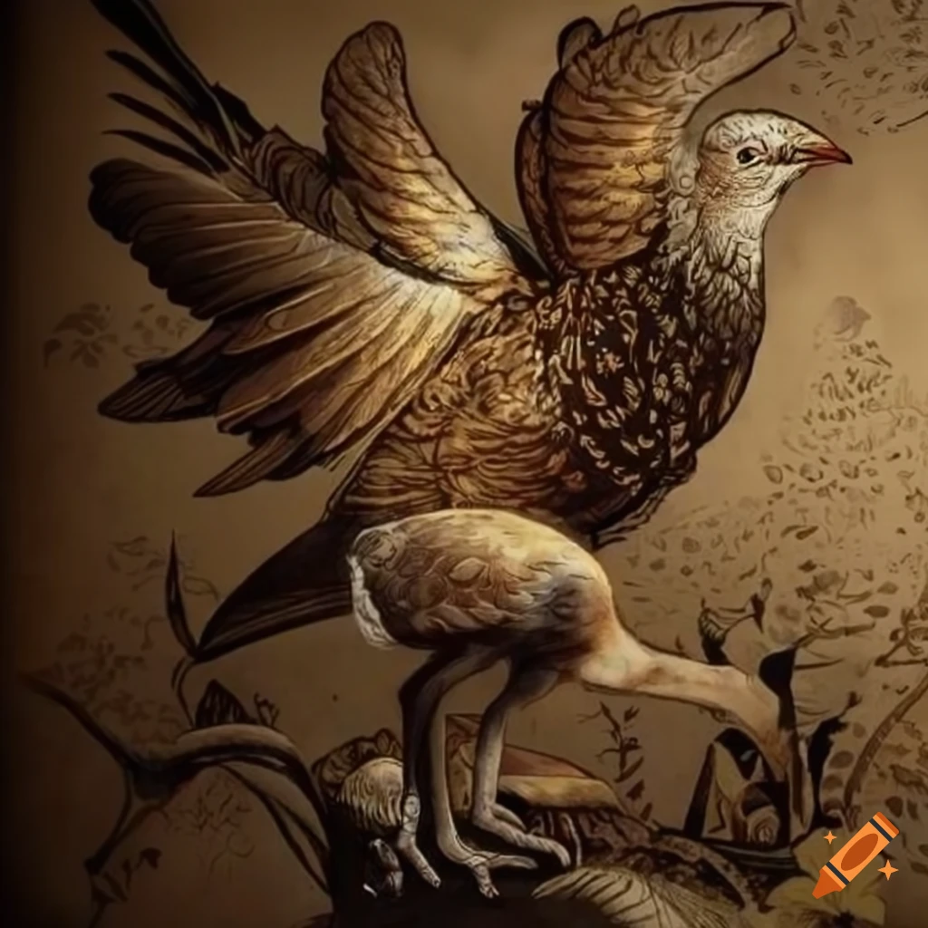 Illustration of a unique Bestiary creature in front of floral wallpaper ...