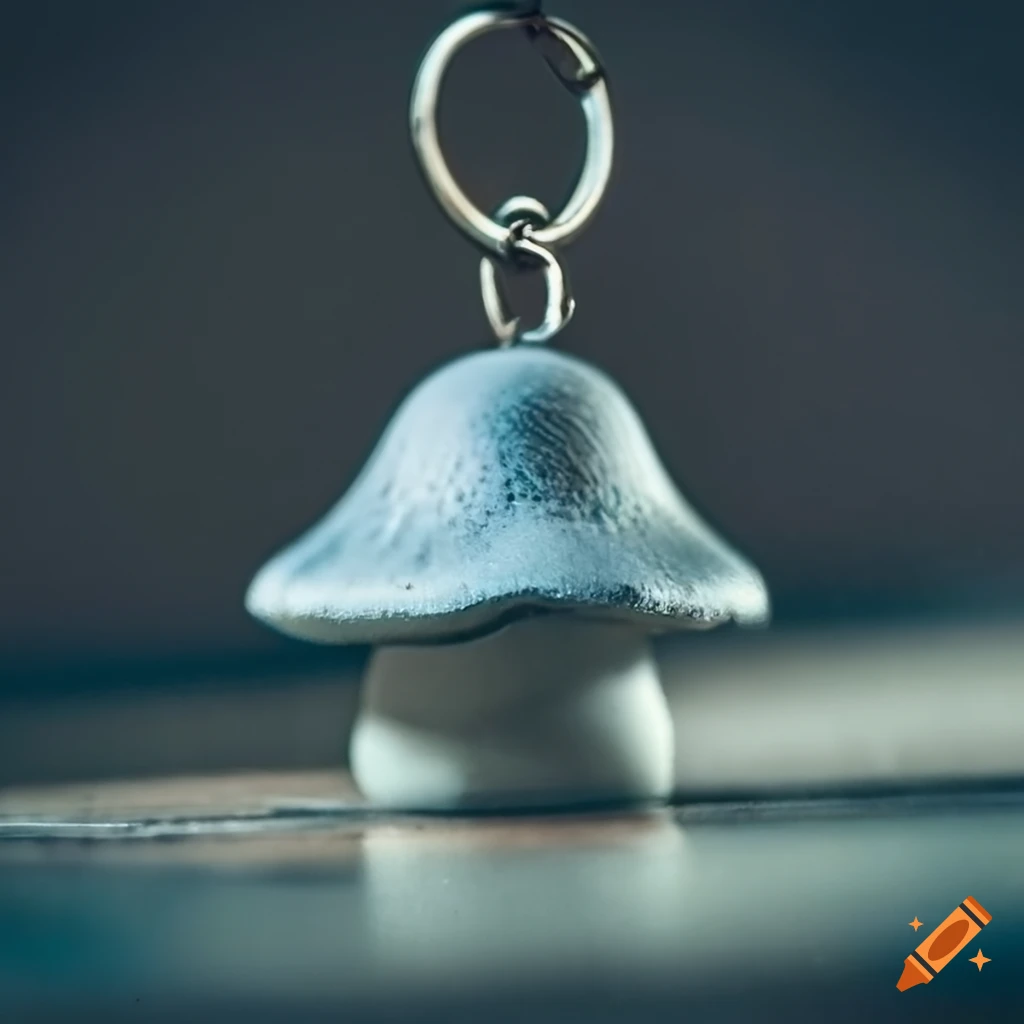 Metal mushroom keychain on a table on Craiyon