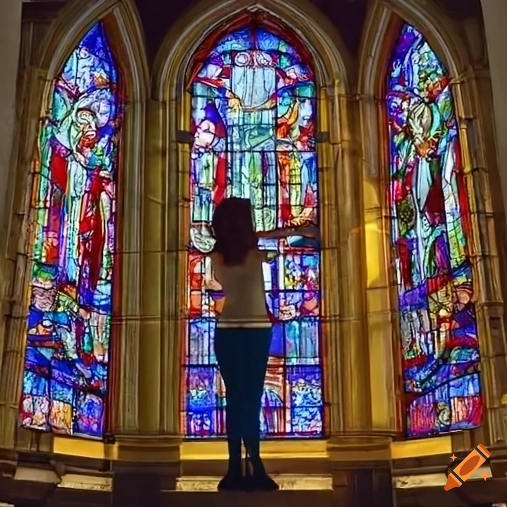 Young people amazed by stained glass windows on Craiyon