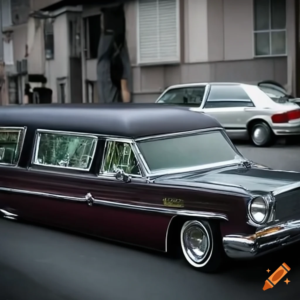 1959 cadillac hearse in front of a funeral home on Craiyon