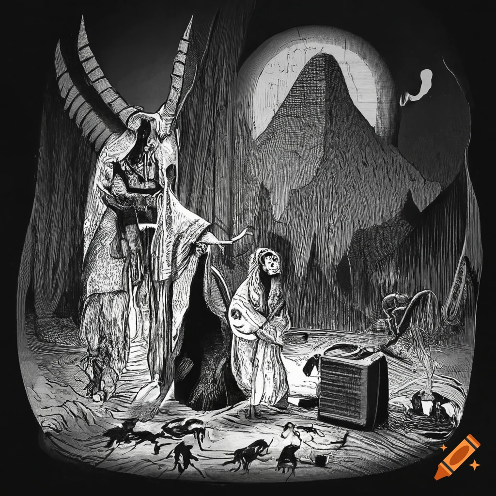 Black and white artwork of witches with goats playing music in the ...