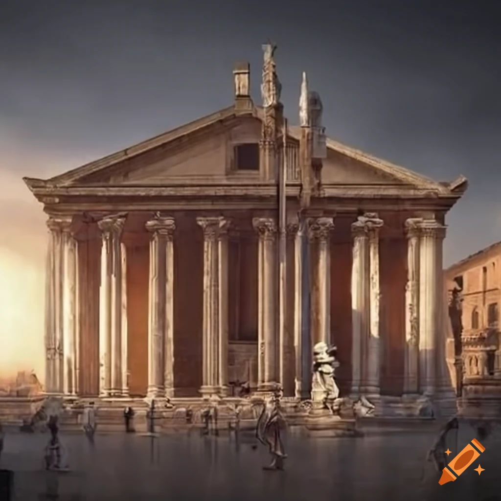Realistic image of an ancient roman temple with soldiers