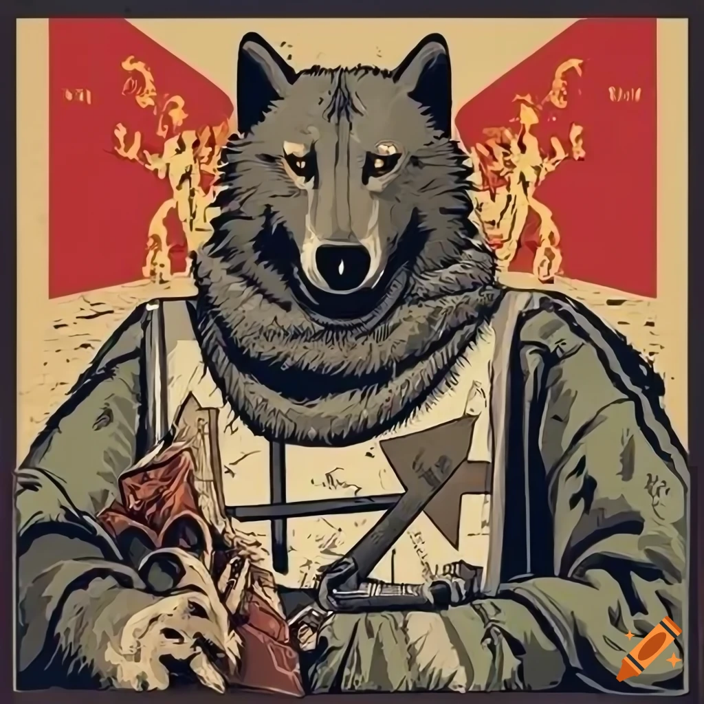 Vintage military themed wolf propaganda poster