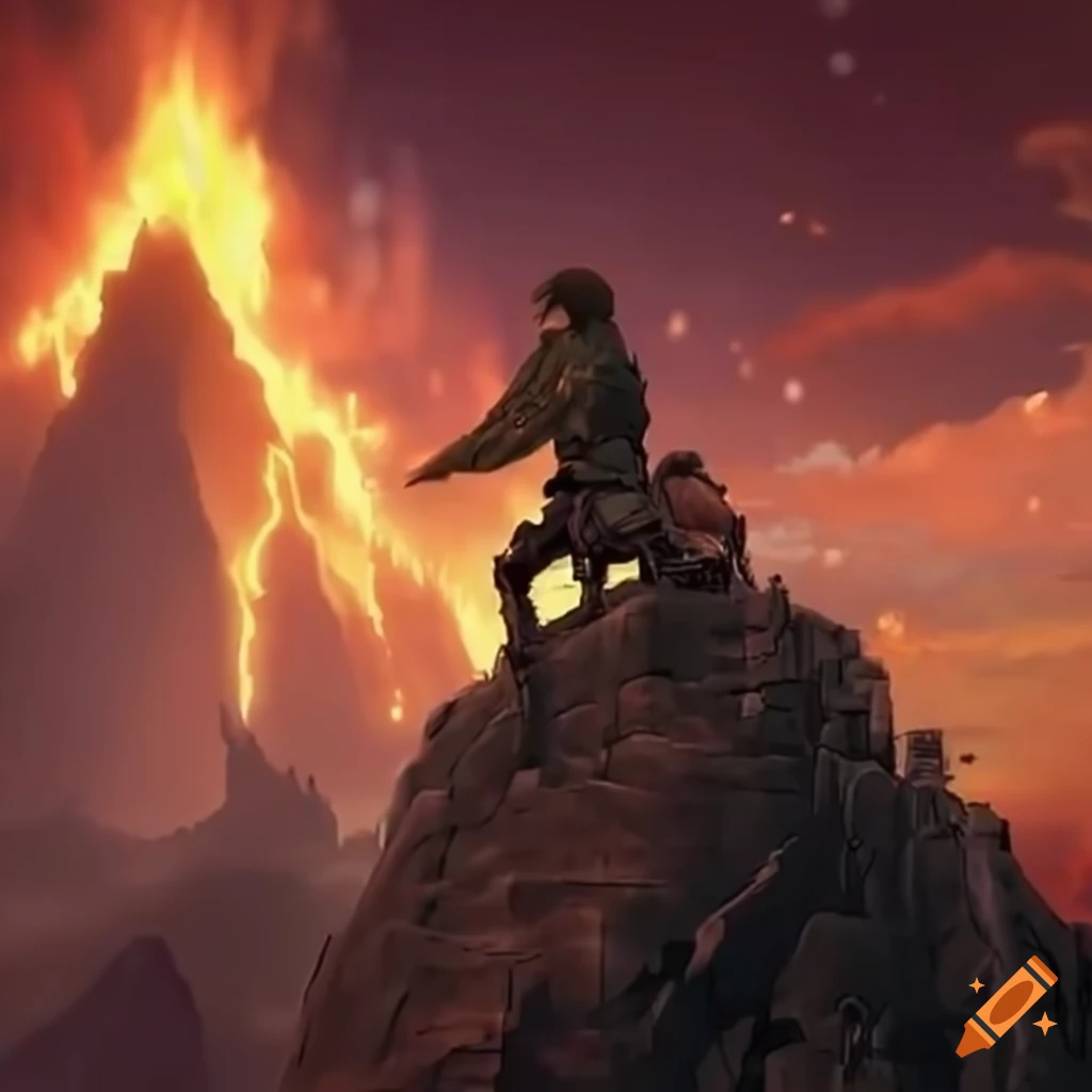 Overlooking chaos on cliff with attack on titan soliders on it on Craiyon