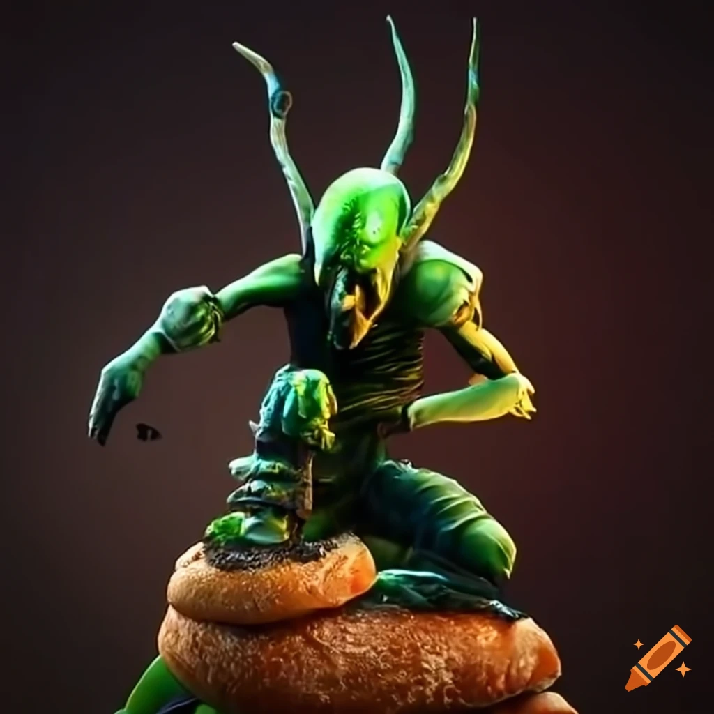 Green goblin riding a rotten bread on Craiyon