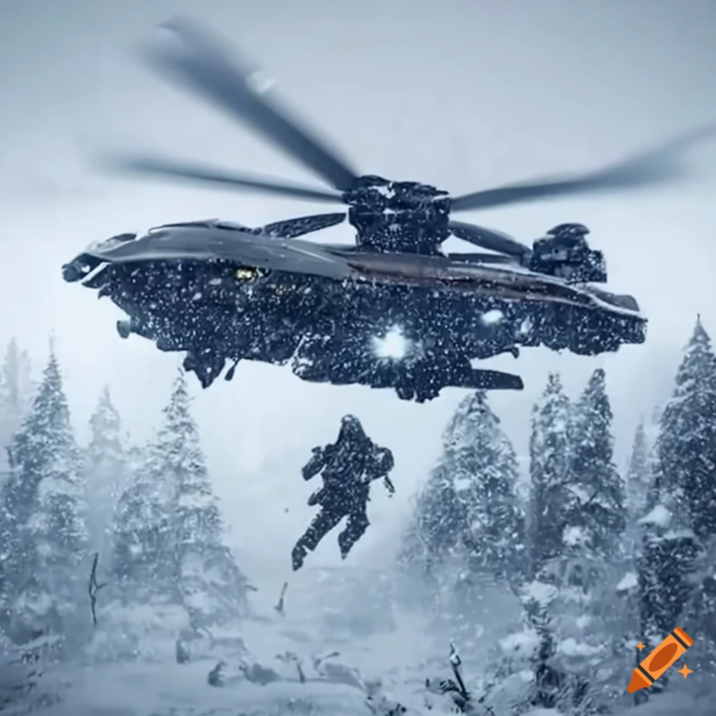 Futuristic helicopter dropping soldiers in a snowstorm