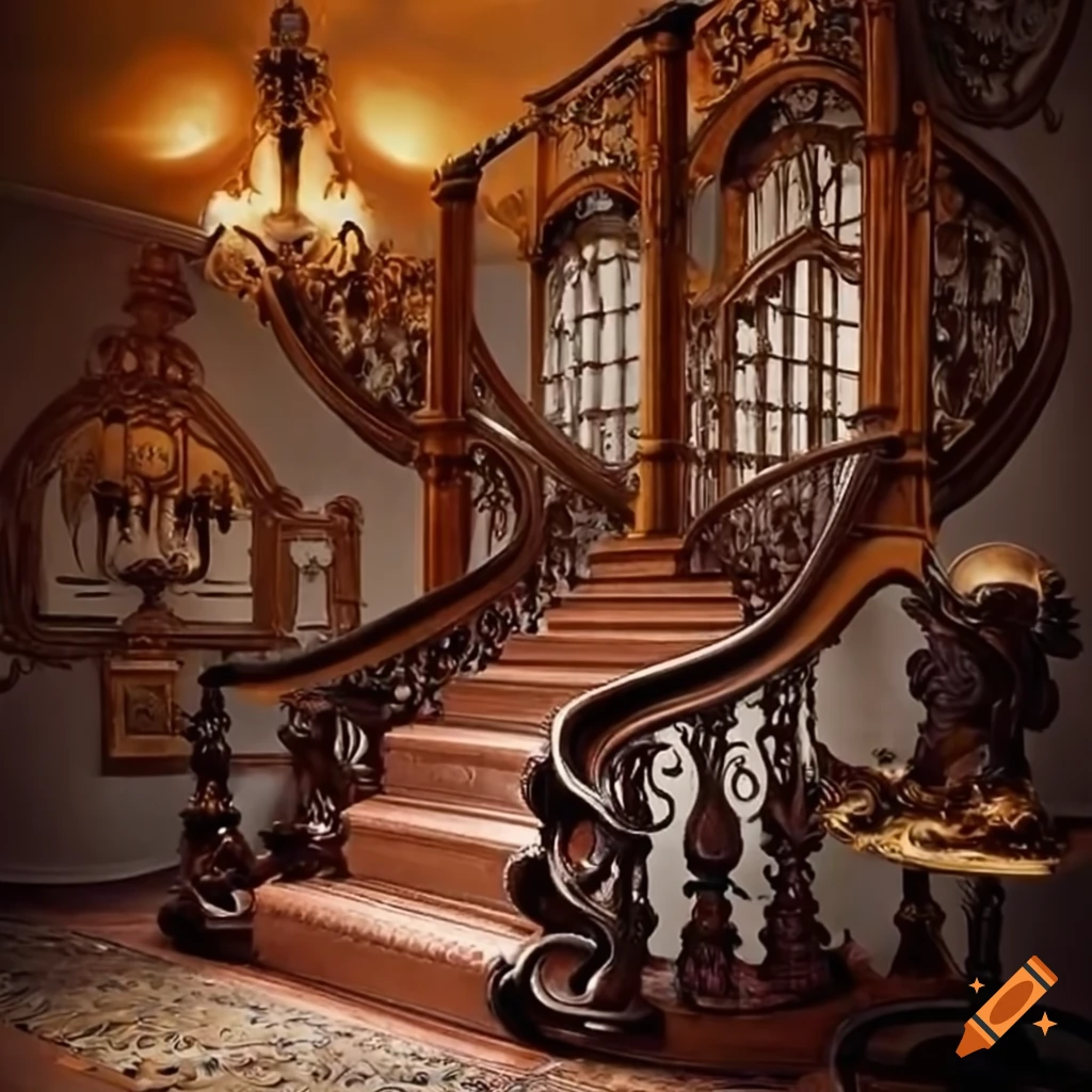 Elegant victorian staircase with ornate details on Craiyon