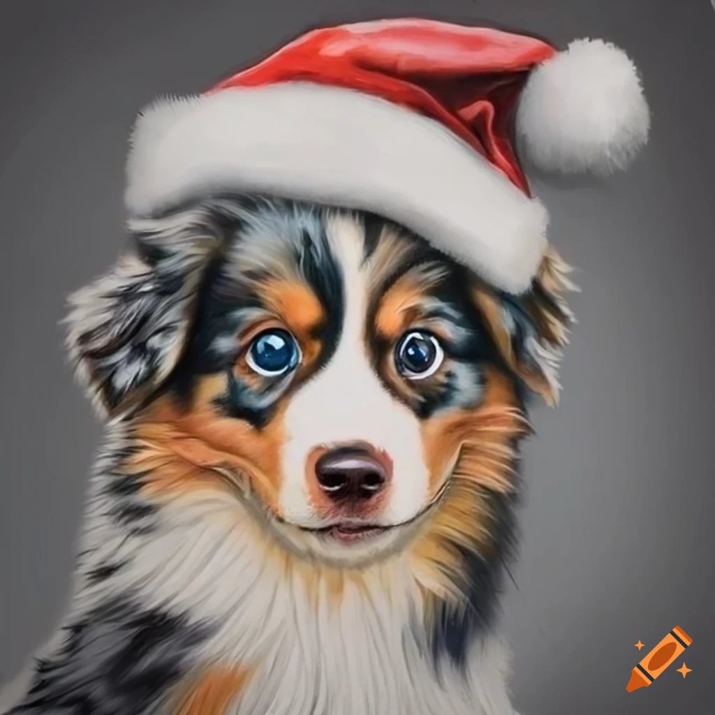 Hyper realistic drawing of a baby australian shepherd with a santa hat ...