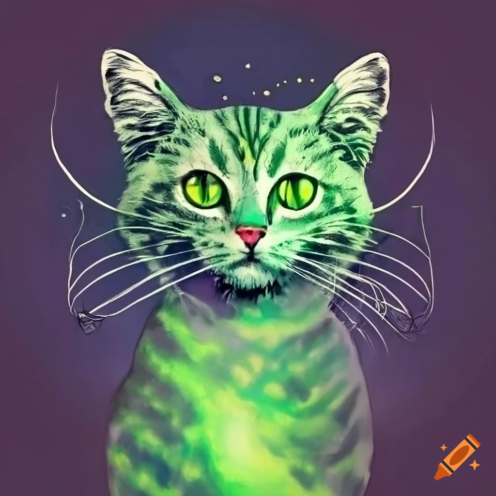 Ink illustration of a magical green cat on Craiyon
