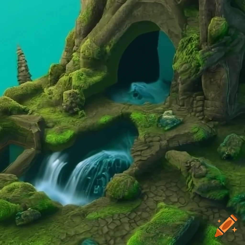 3d game forest ruins with flowing water and moss-covered stones on Craiyon