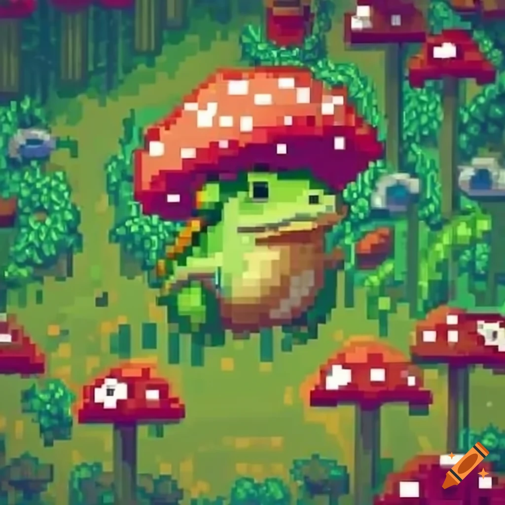Pixel art of a frog with a mushroom hat in a flower field on Craiyon