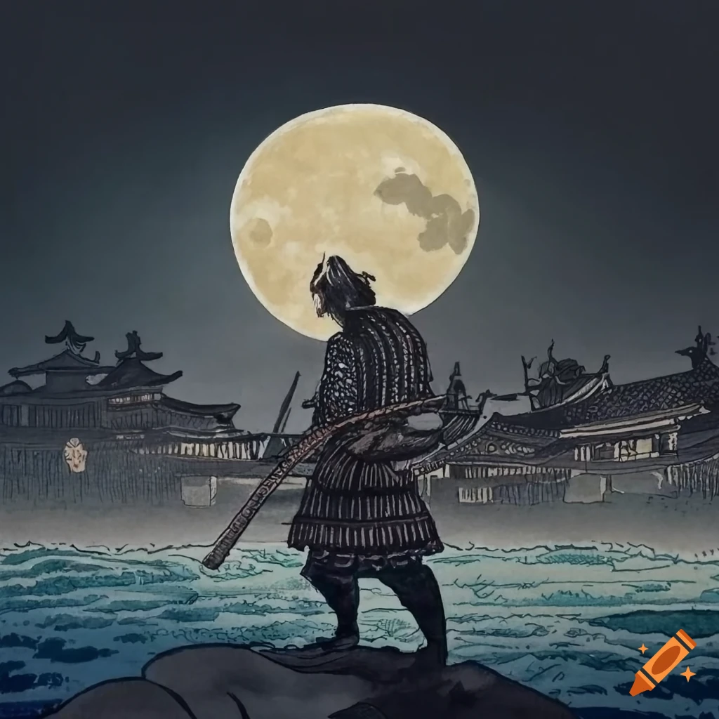 Japanese woodblock print of a glowing aslime samurai on Craiyon