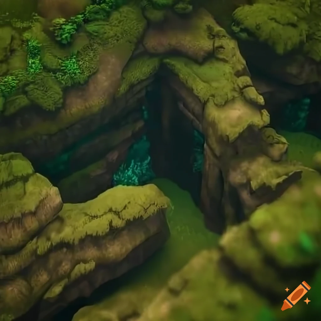 3d game forest ruins with flowing water and moss-covered stones on Craiyon
